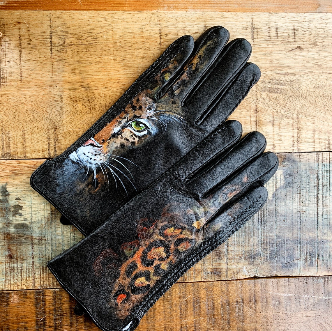 Black Leather Gloves Ladies Leopard Art Arm Warmers Hand - Etsy
