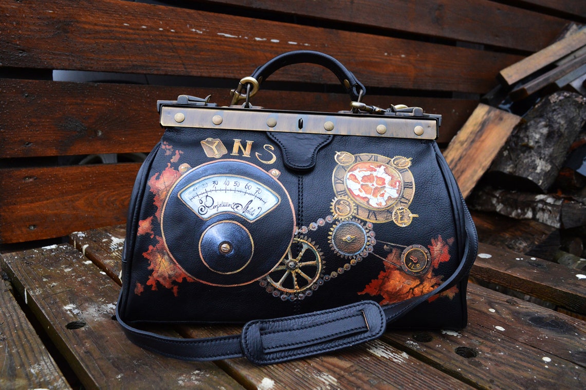 Leather Doctor Bag Steampunk Black Purse Personalized Bag Hand Painted ...