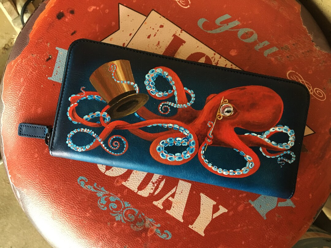 Kraken Steampunk Wallet Cute Leather Wallet Womens Hand Painted Blue ...
