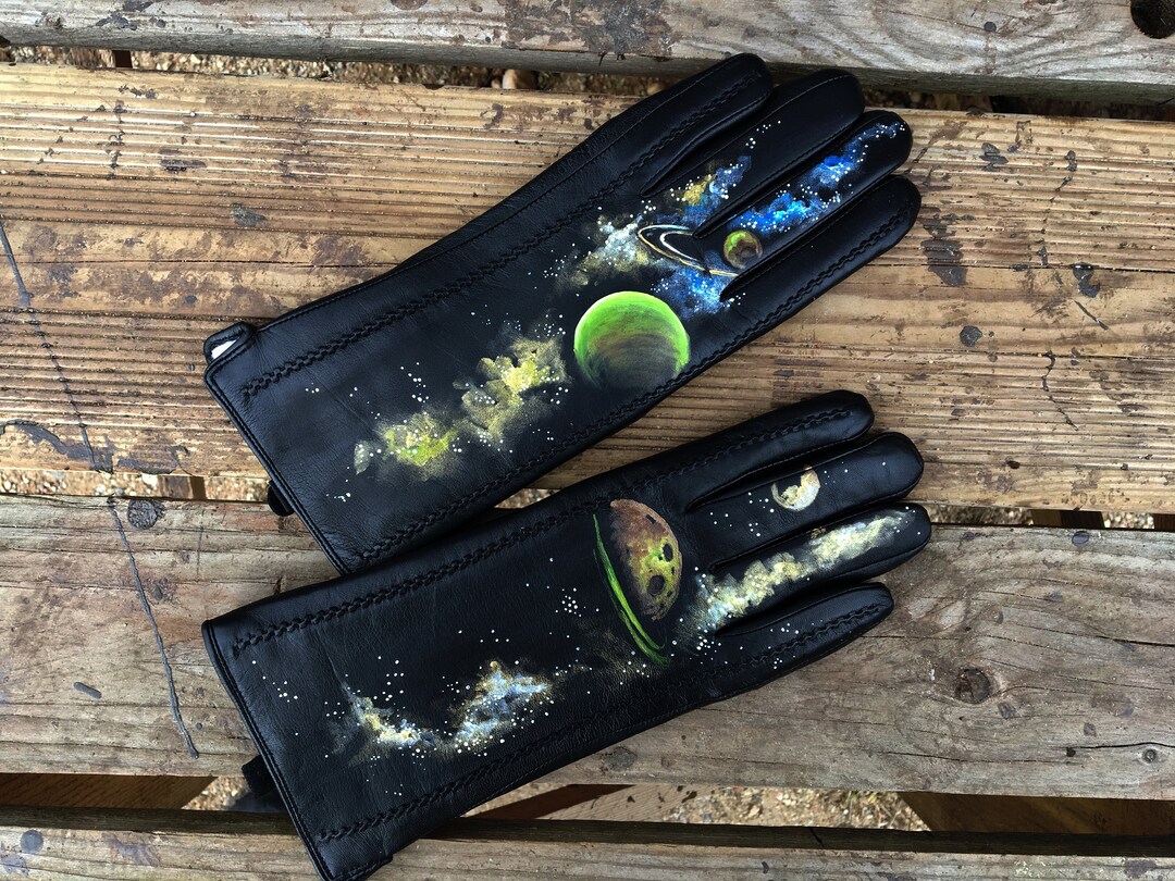 Black Gloves Womens Leather Gloves Hand Painted Solar System Art - Etsy