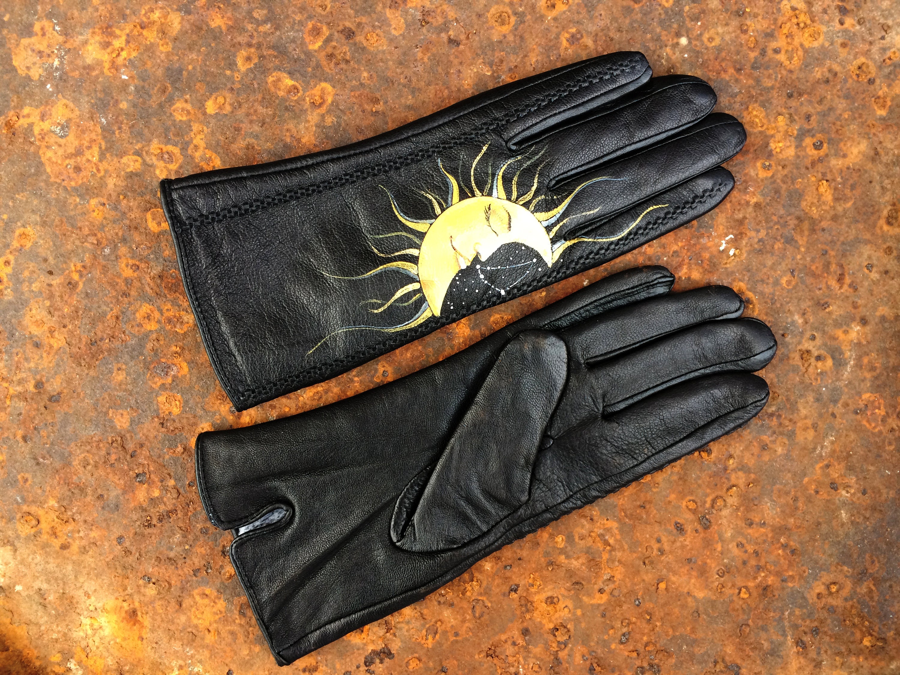 Leather Gloves Women Personalized Ladies Gloves Hand Painted Sun and ...