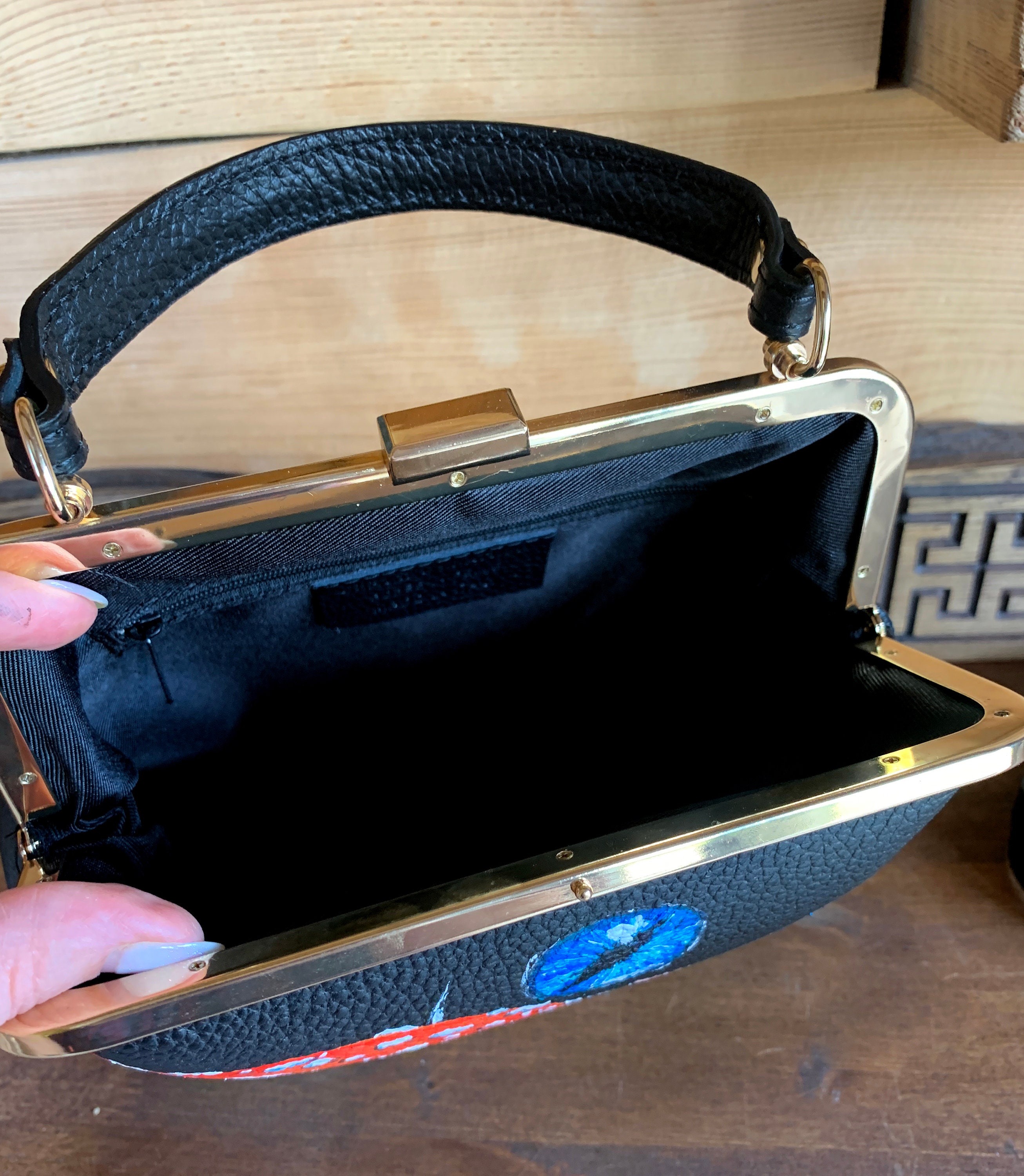 Mini Frame Bag Kiss Lock Purse Leather Crossbody Wallet Hand Painted ...