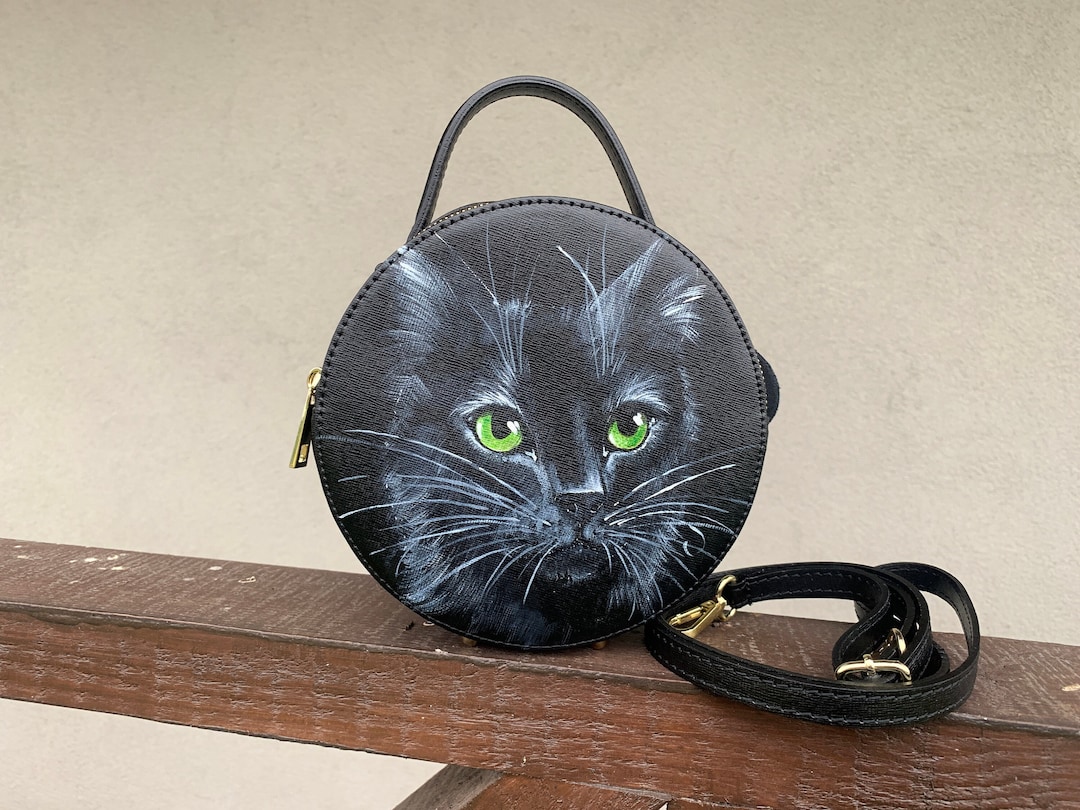 Black Cat Handbag Round Leather Purse Hand Painted Circle Bag - Etsy