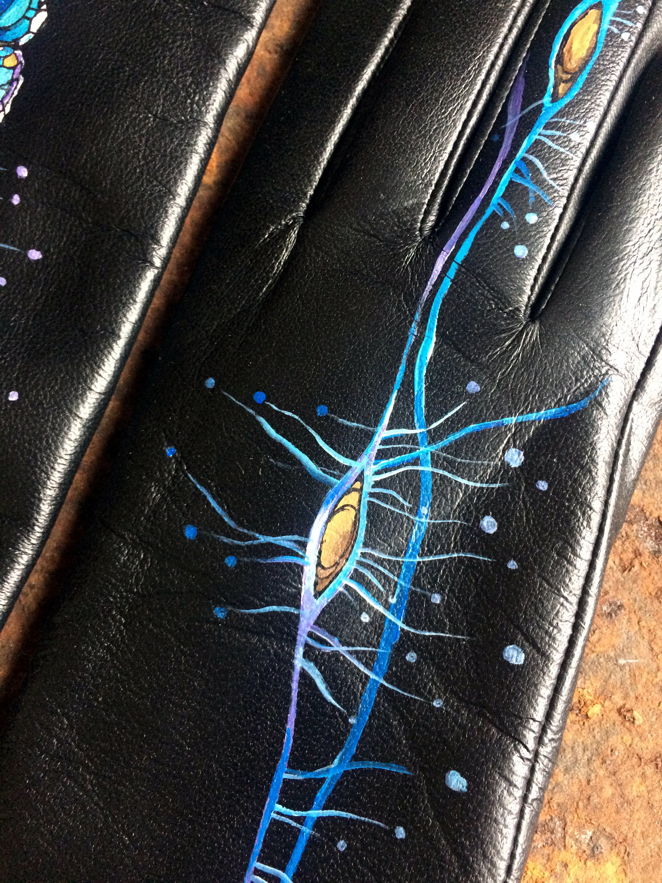 Personalized Black Leather Gloves Women Painted Teal & Blue Butterfly ...