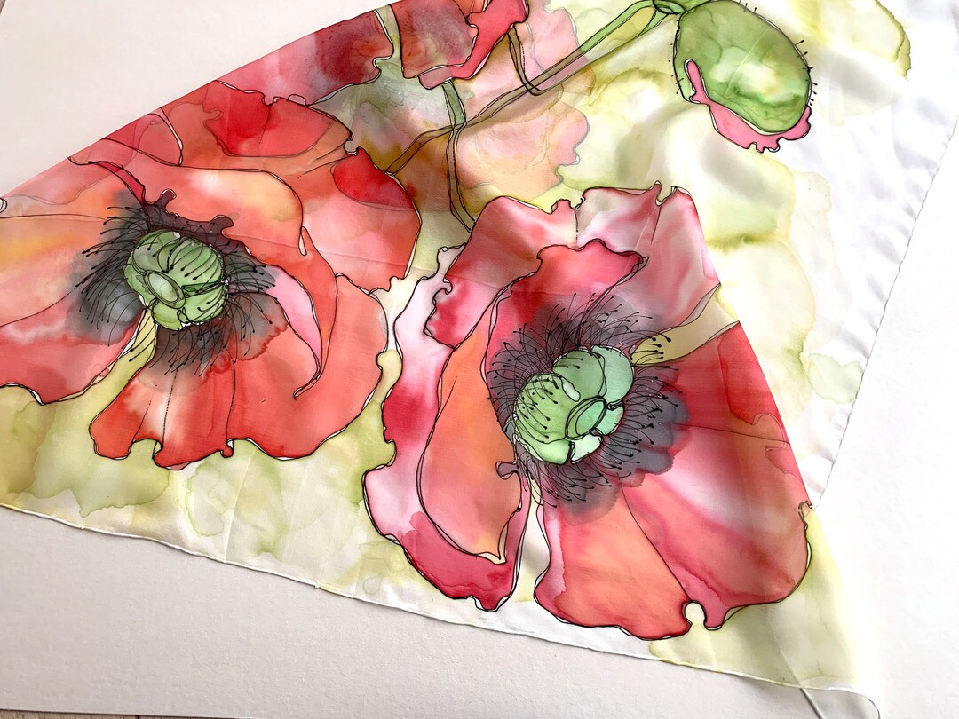 Hand Painted Poppy Silk Scarf Large Long Silk Shawl Anniversary Gifts ...