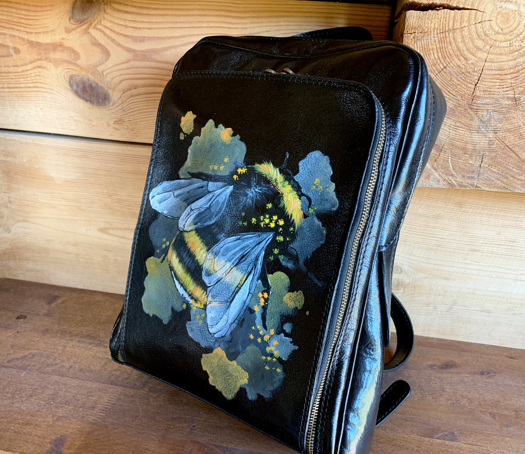 Leather Laptop Backpack Bumble Bee Large Aesthetic Rucksack Hand Painted - Etsy UK