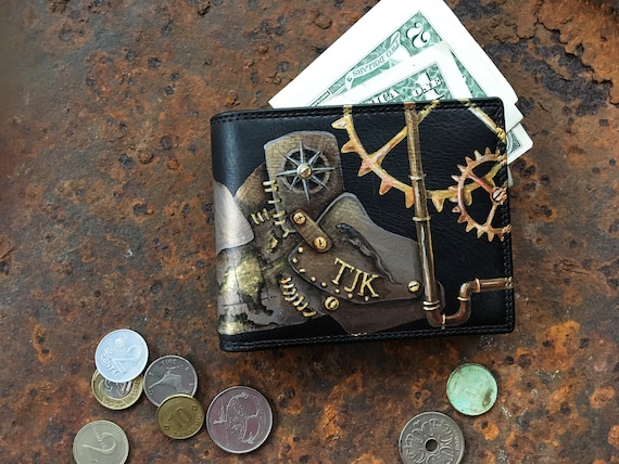 Steampunk Wallet Personalized Wallet Men Hand Painted Leather | Etsy