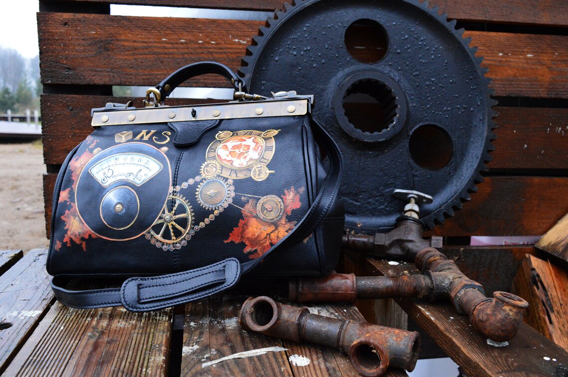 Leather Doctor Bag Steampunk Black Purse Personalized Bag Hand Painted ...