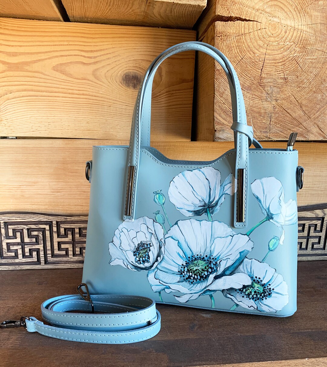 Small Ladies Purse Sky Blue Bag White Poppy Flower Satchel Bag Hand ...