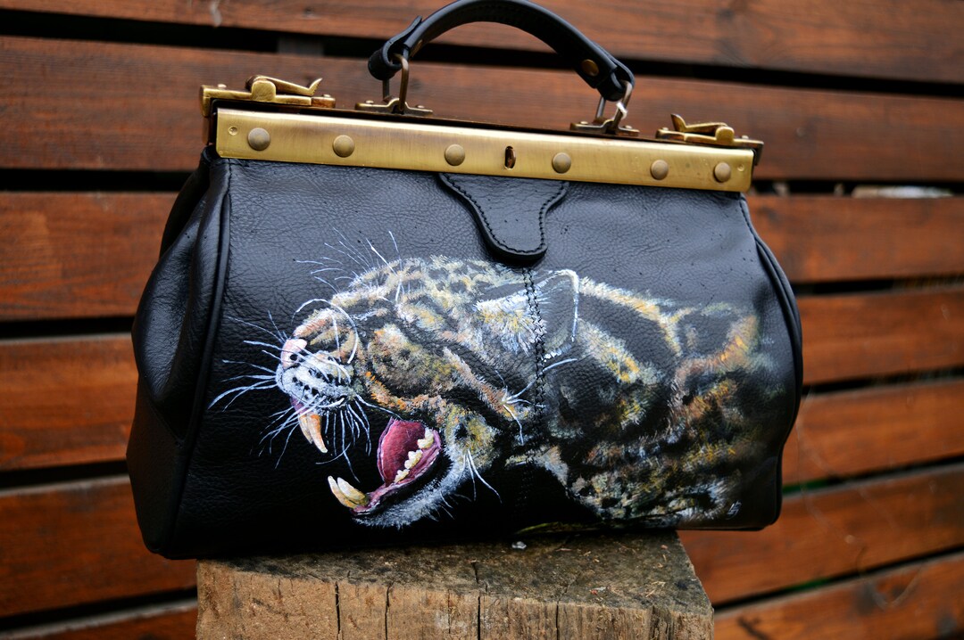 Snow Leopard Bag Leather Doctor Bag Hand Painted - Etsy
