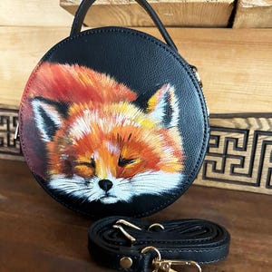 Fox Handbag Circle Purse Round Leather Bag Hand Painted - Etsy
