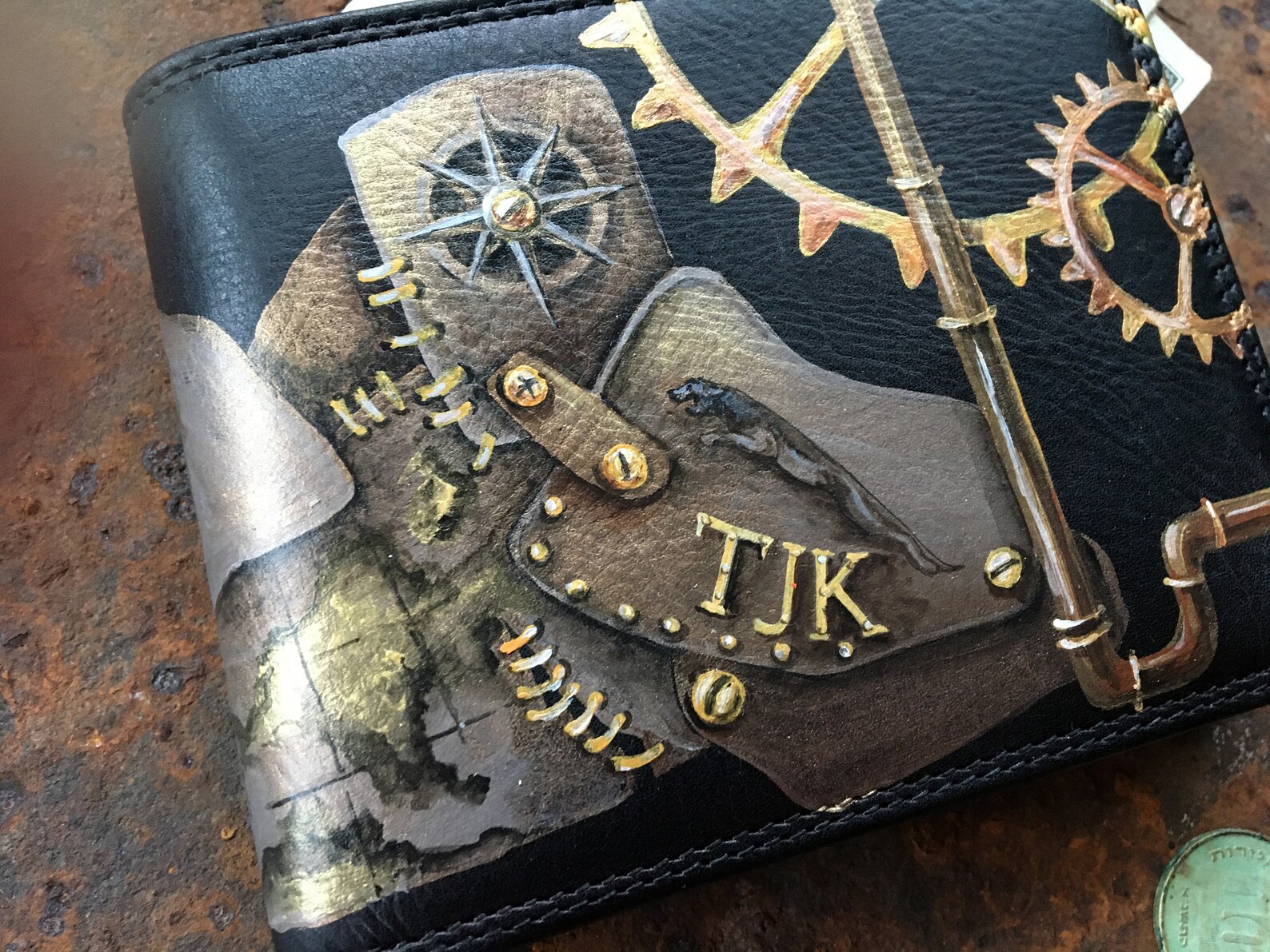 Steampunk Wallet Personalized Wallet Men Hand Painted Leather - Etsy