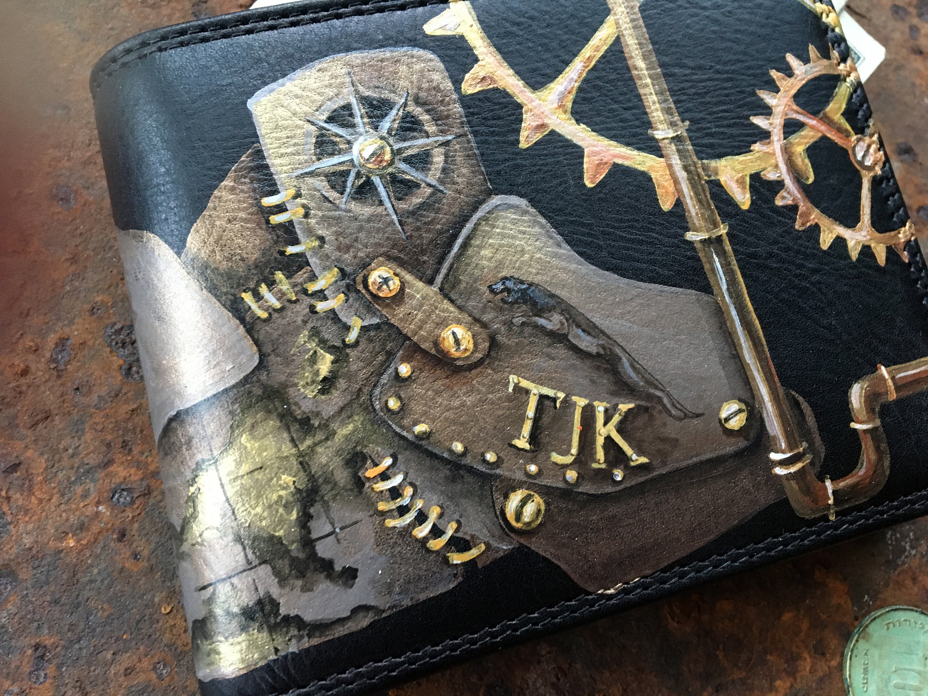 Steampunk Wallet Personalized Wallet Men Hand Painted Leather | Etsy