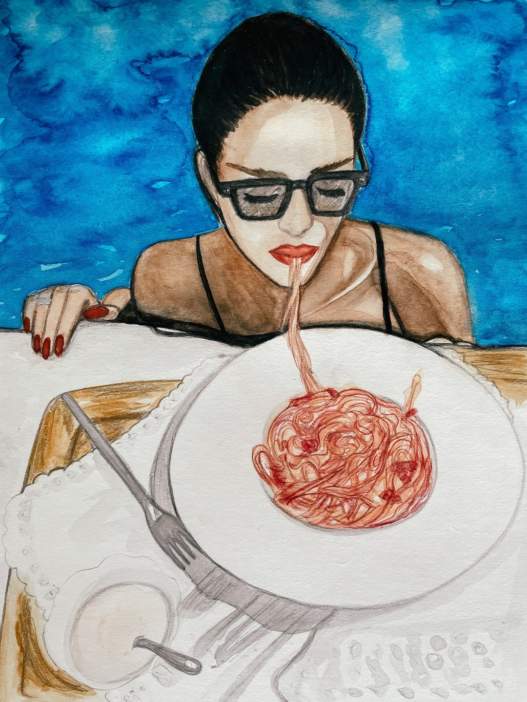 Poolside Pasta Girl: Fashion Illustration Watercolor Art Print - Etsy