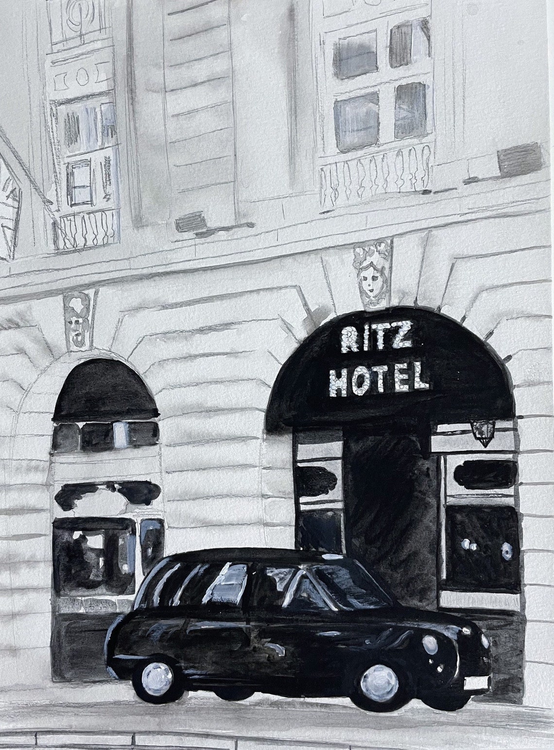 Ritz Hotel London Watercolor Painting: Black Cab, England Wall Art (8 ...