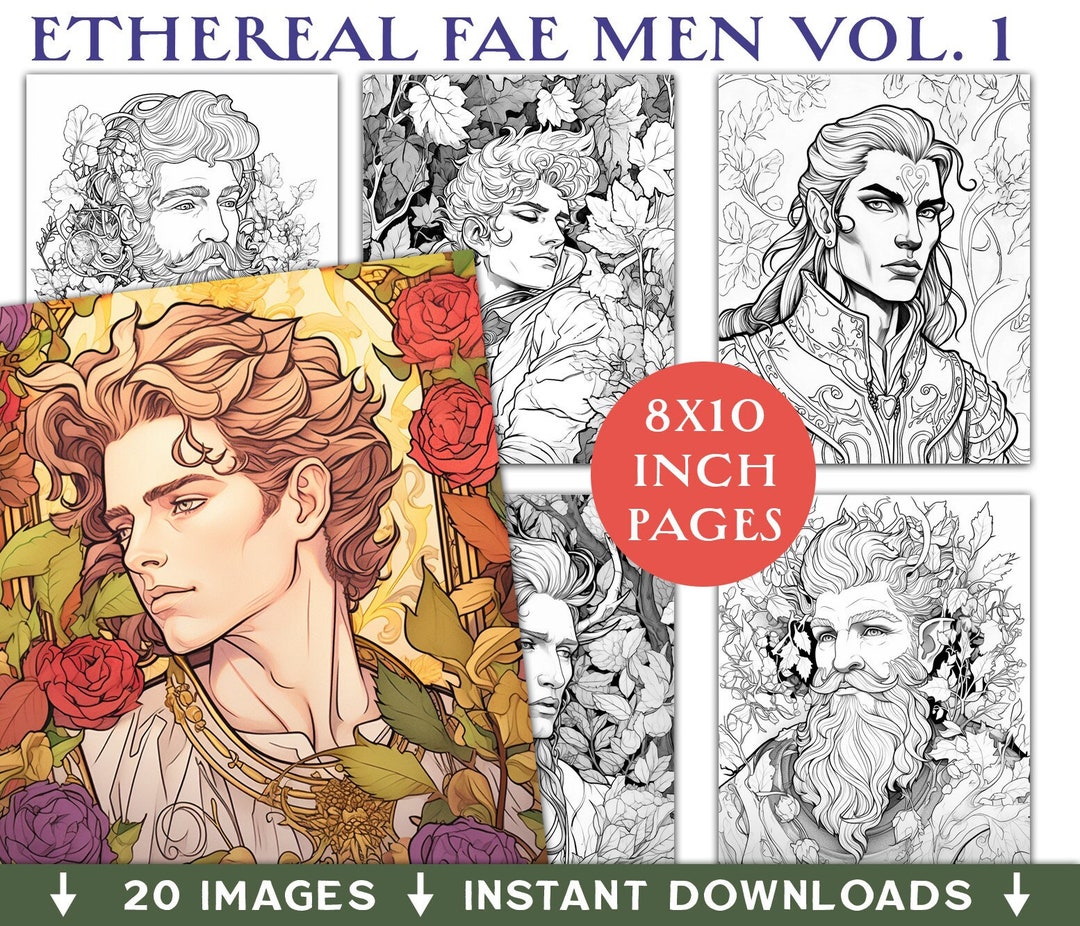 Ethereal Fae Men Artwork, Printable Fantasy Art, Coloring Book 20 Pages ...