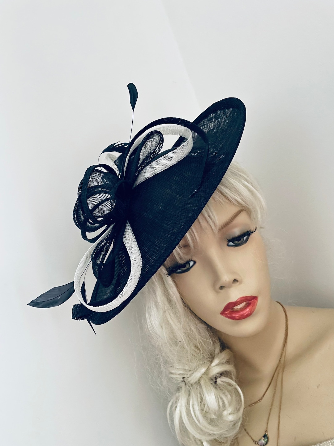 Fascinator Hat Navy and White Saucer Disc Headpiece With Feathers on ...