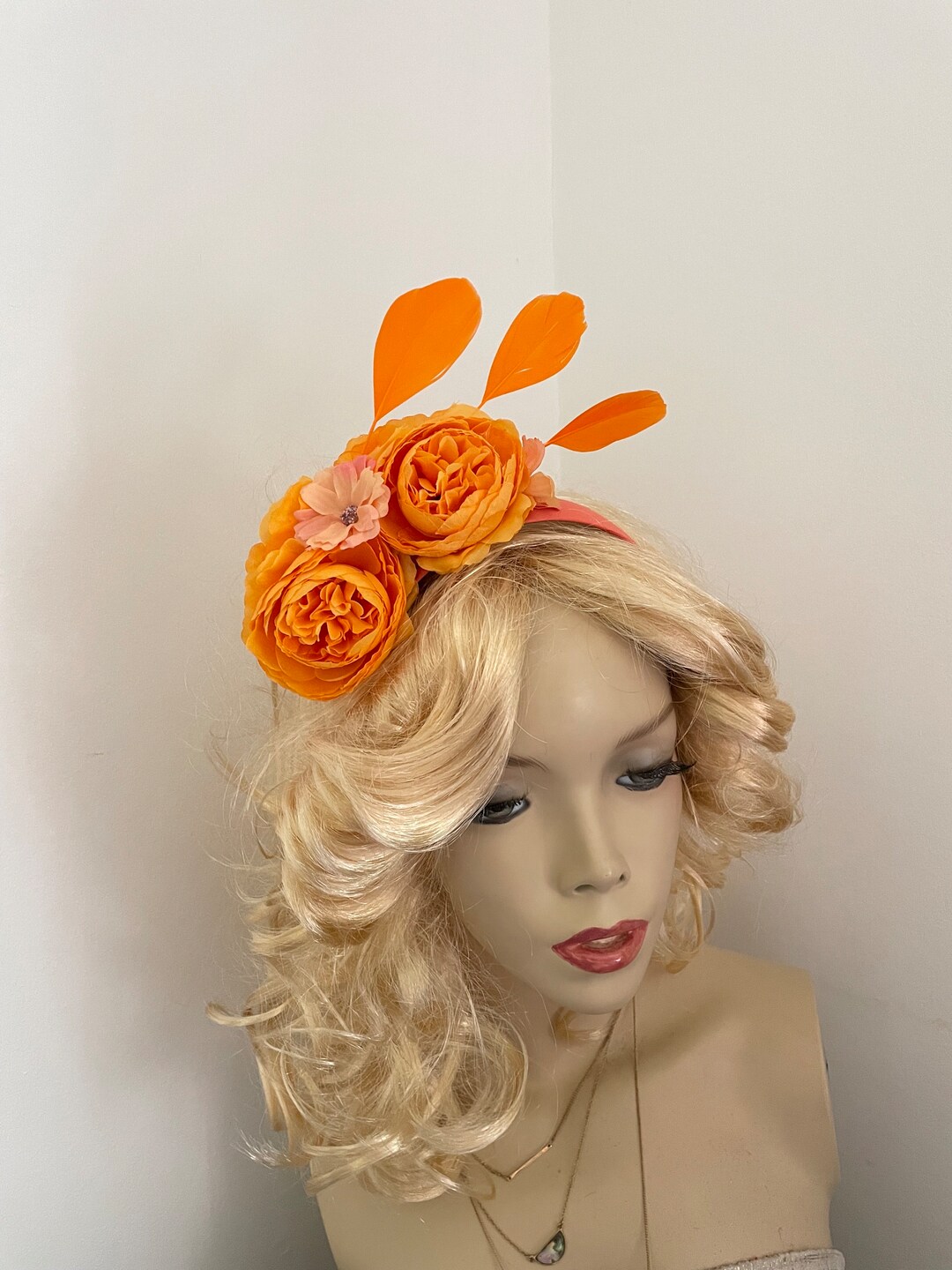 Orange Coral Flower Feather Fascinator Headband Crown Headpiece ...