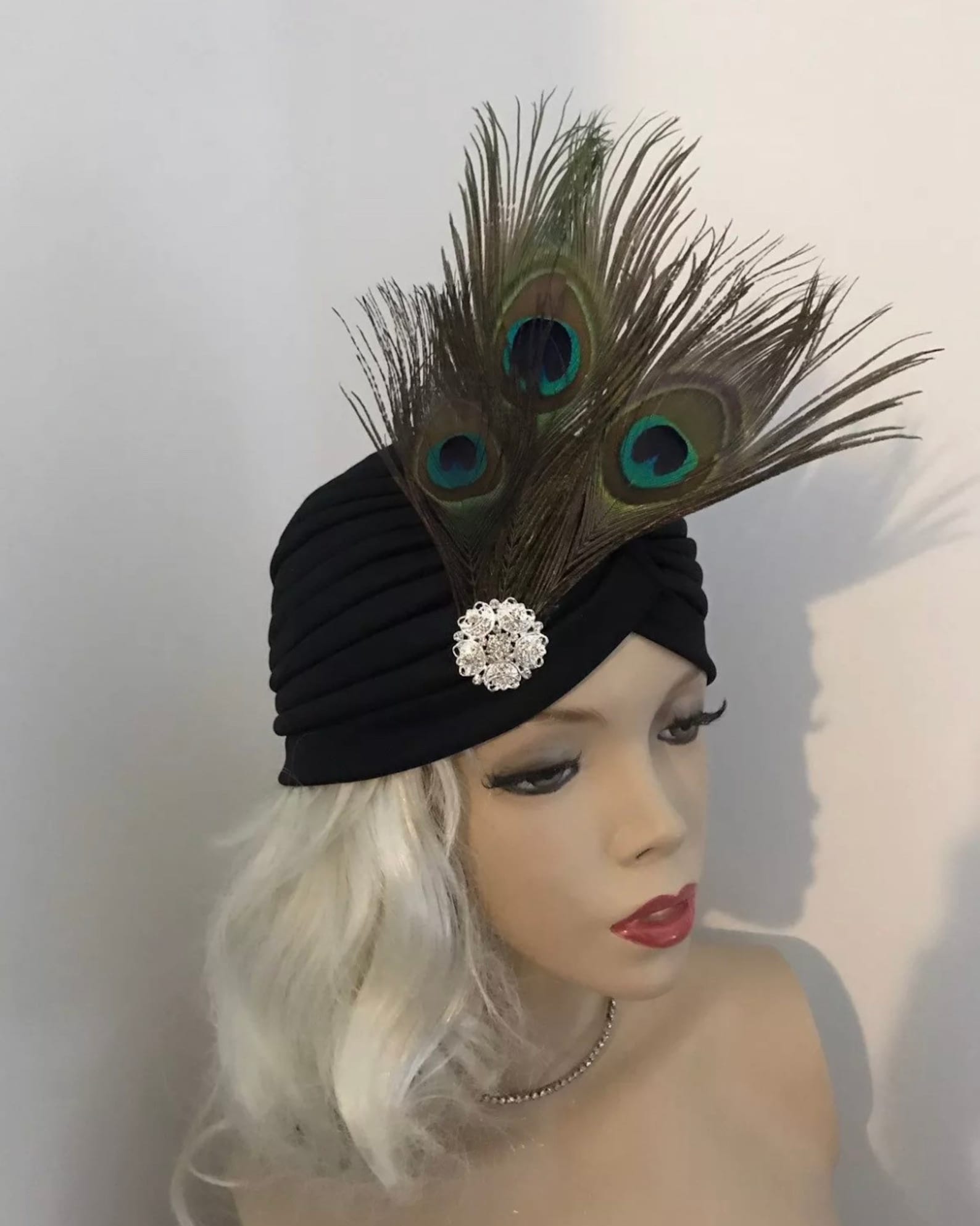 Black Peacock Feather Turban Hat 1920s Gatsby Art Deco 1930s Flapper ...