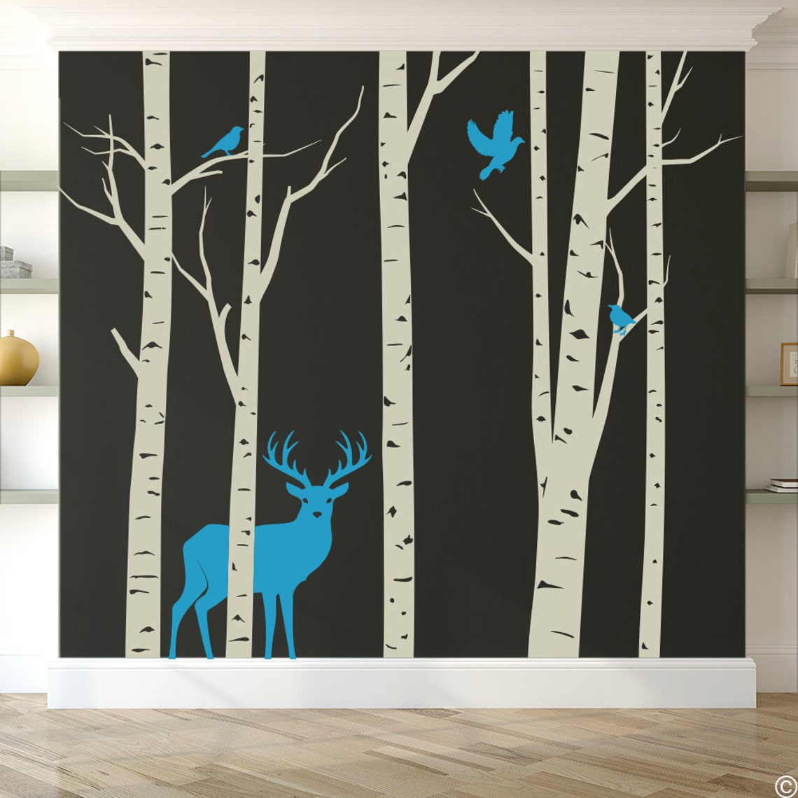 Aspen Trees With Deer and Birds Vinyl Wall Mural Decal 110 | Etsy