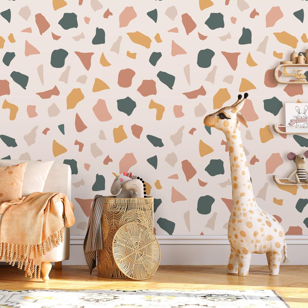 Boho Terrazzo Peel and Stick Wallpaper: Pink and Green Nursery Decor ...