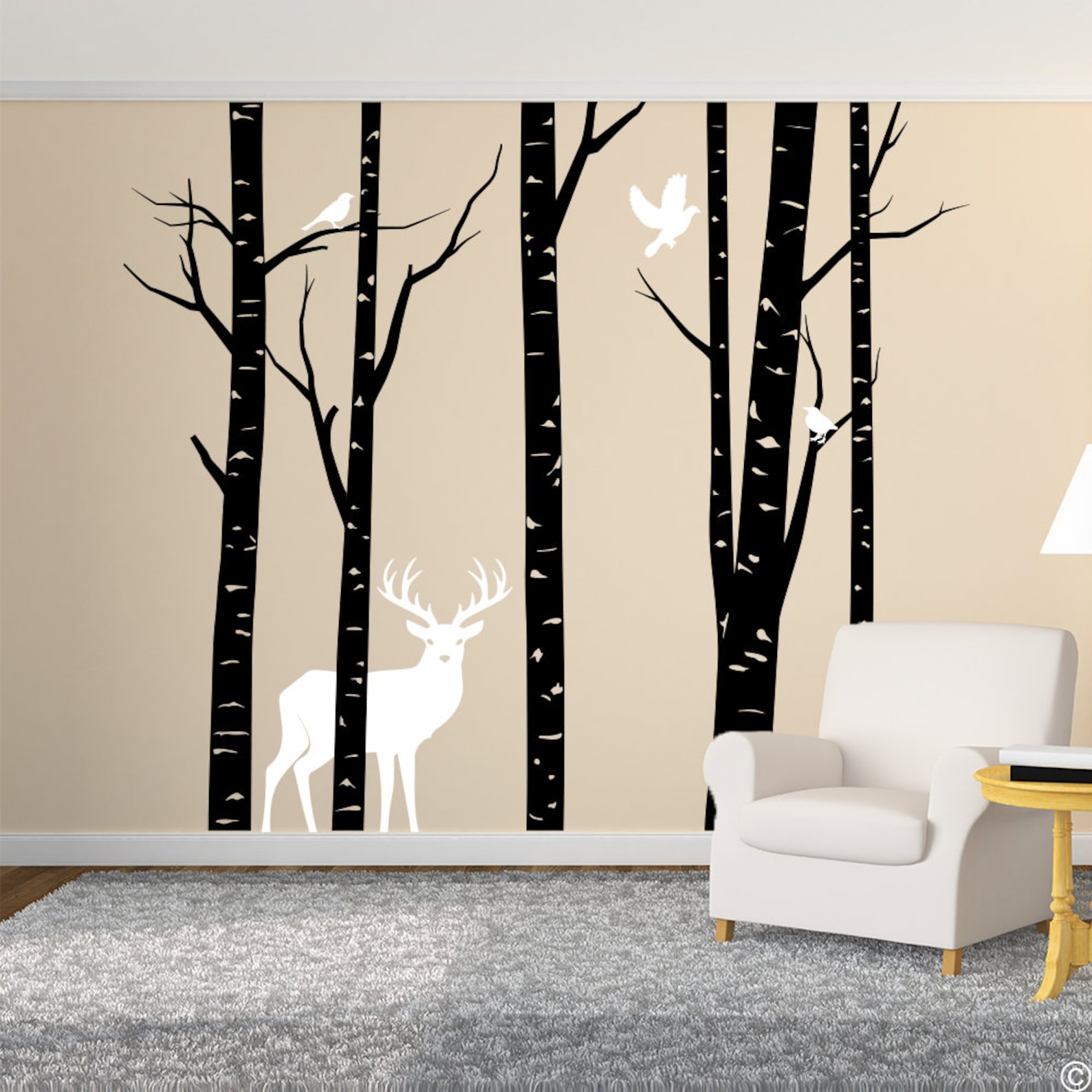 Aspen Trees With Deer and Birds Vinyl Wall Mural Decal 110 | Etsy