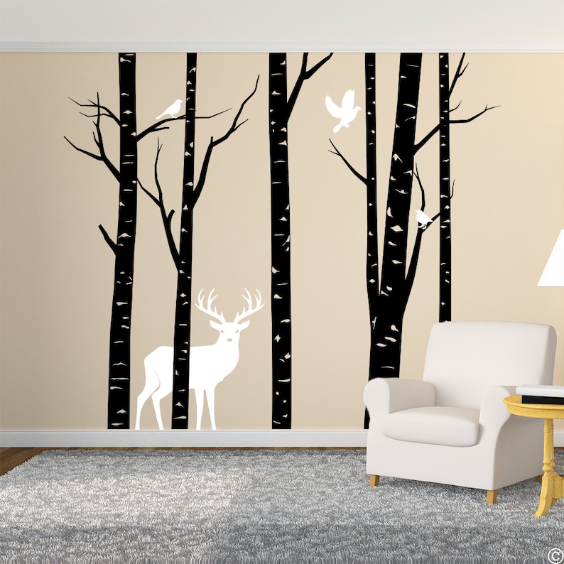 Aspen Trees With Deer and Birds Vinyl Wall Mural Decal 110 | Etsy