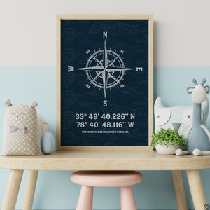 Navy Blue Wave Compass With Customizable Coordinates Print, Eco ...