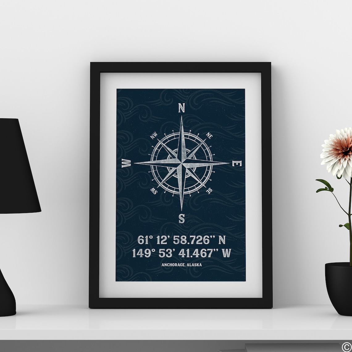 Navy Blue Wave Compass With Customizable Coordinates Print - Etsy