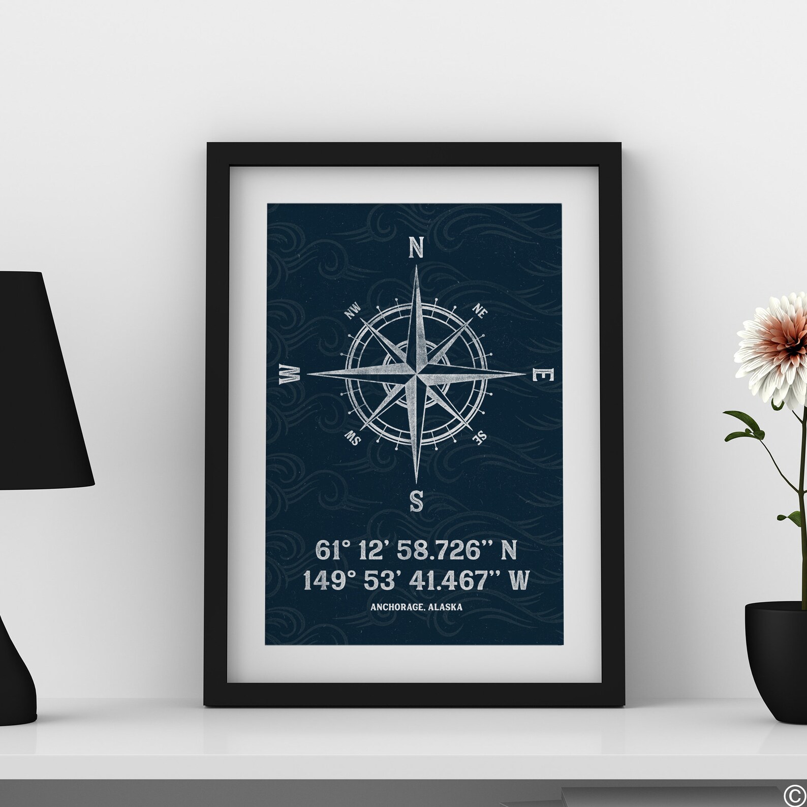 Navy Blue Wave Compass With Customizable Coordinates Print - Etsy