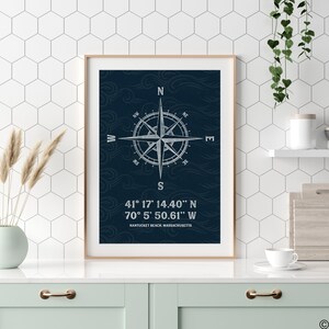 Navy Blue Wave Compass With Customizable Coordinates Print - Etsy