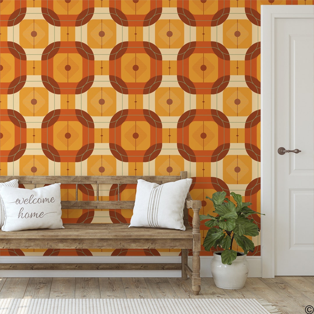 Peel-n-stick Wallpaper, Retro 70's Square Geometric Orange Pattern ...