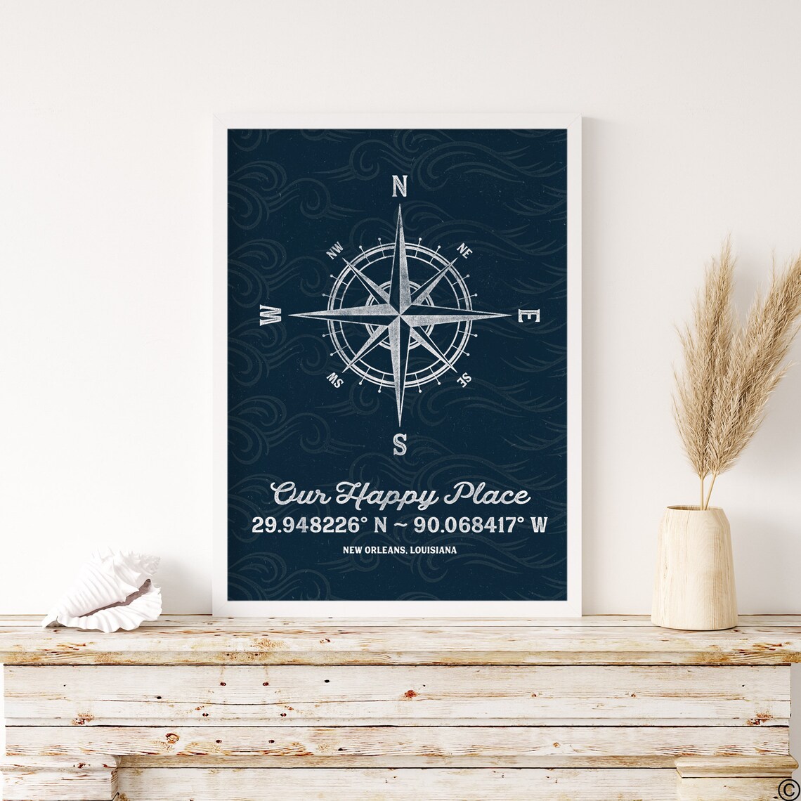 Navy Blue Wave Compass With Customizable Coordinates Print - Etsy