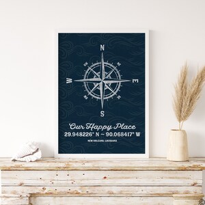 Navy Blue Wave Compass With Customizable Coordinates Print - Etsy