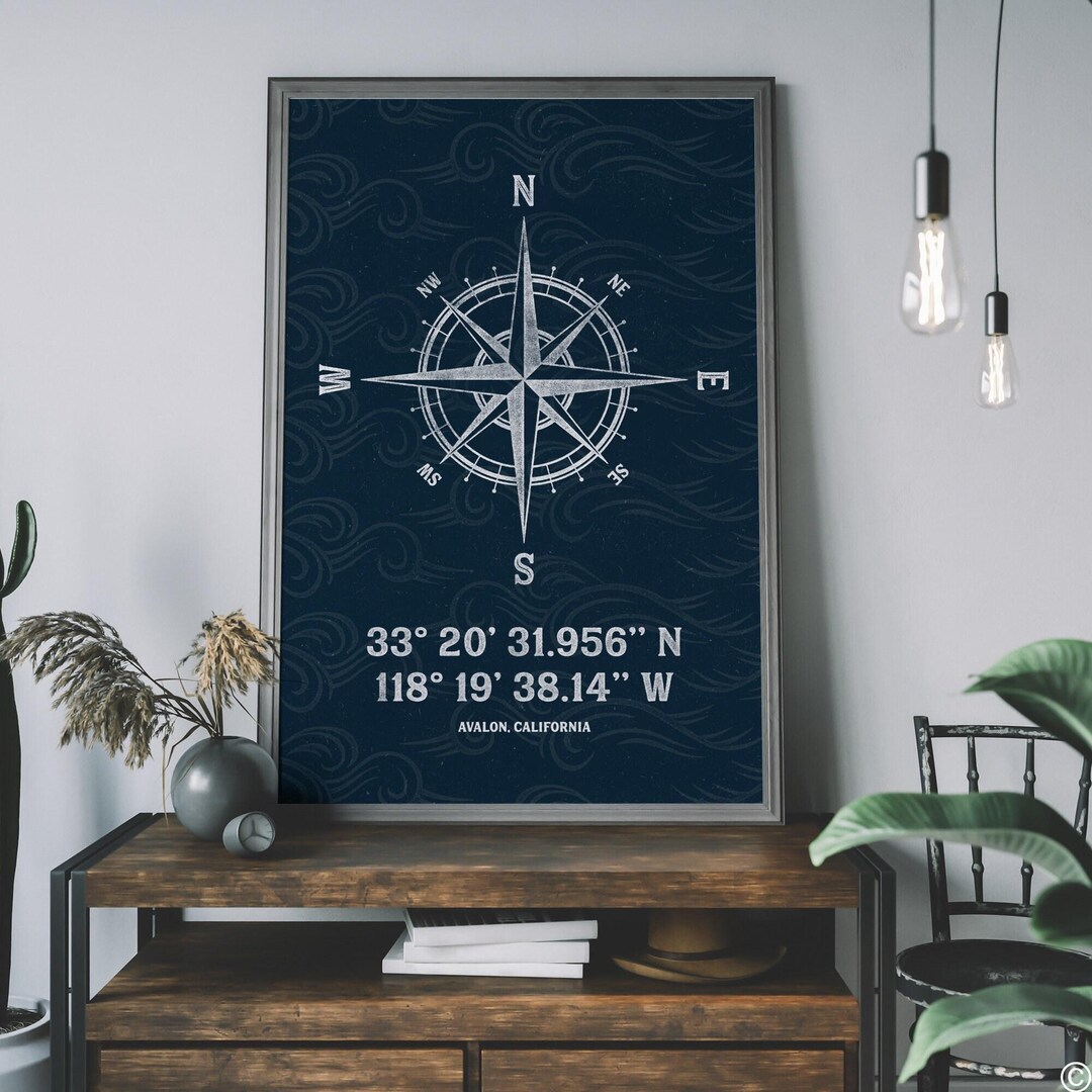 Wave Compass Art Print: Navy Blue Nautical Decor (custom GPS ...