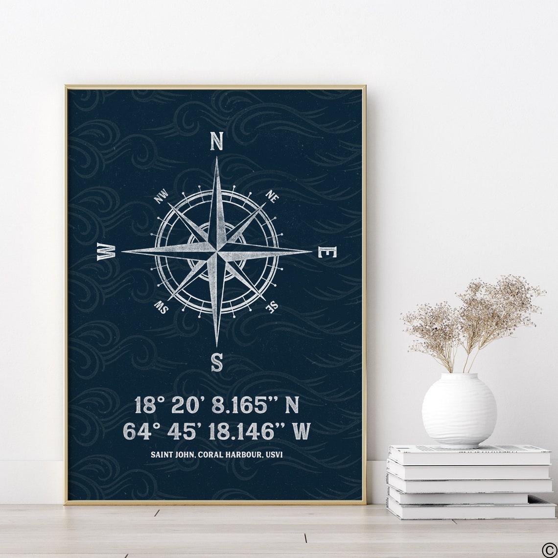 Navy Blue Wave Compass With Customizable Coordinates Print - Etsy