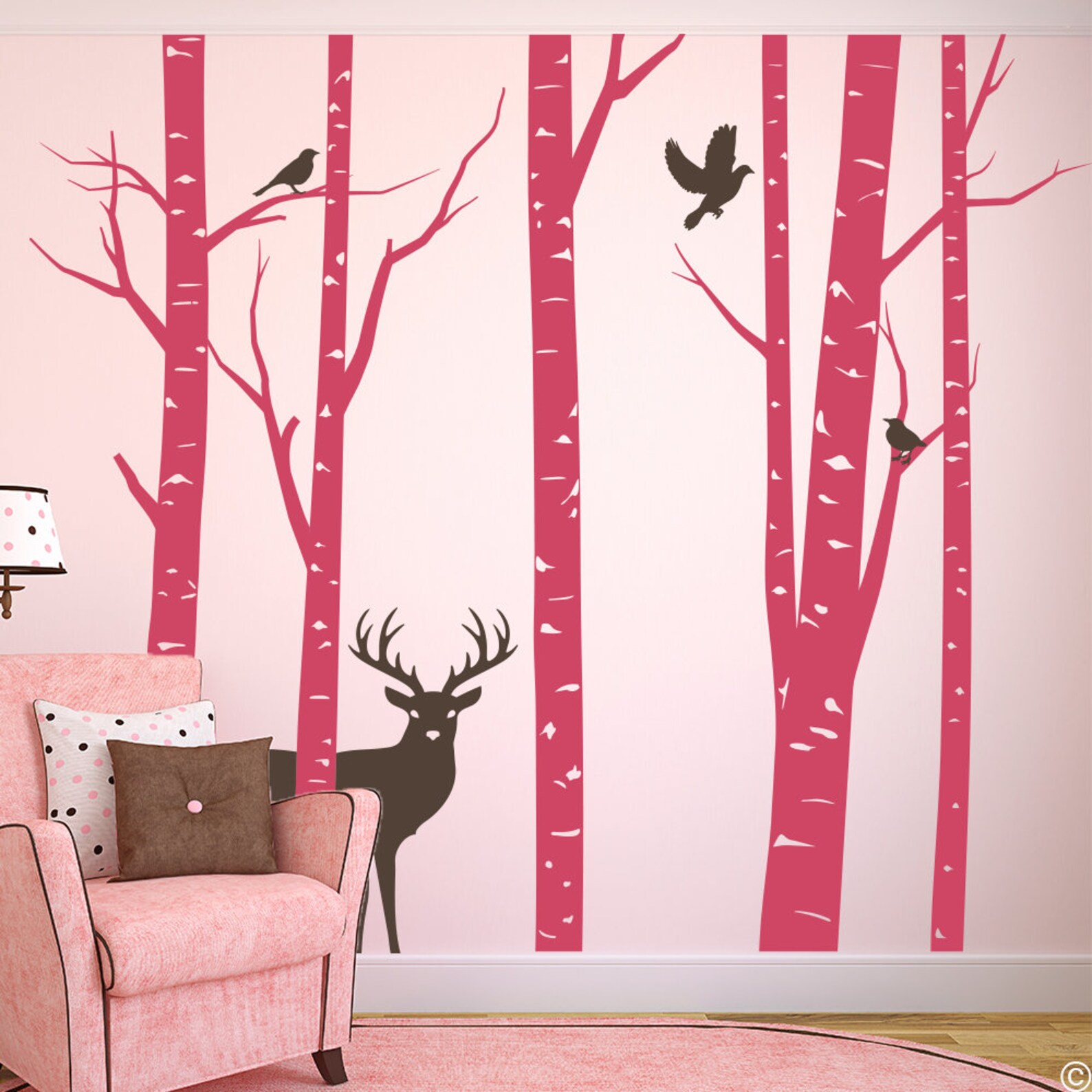 Aspen Trees With Deer and Birds Vinyl Wall Mural Decal 110 | Etsy