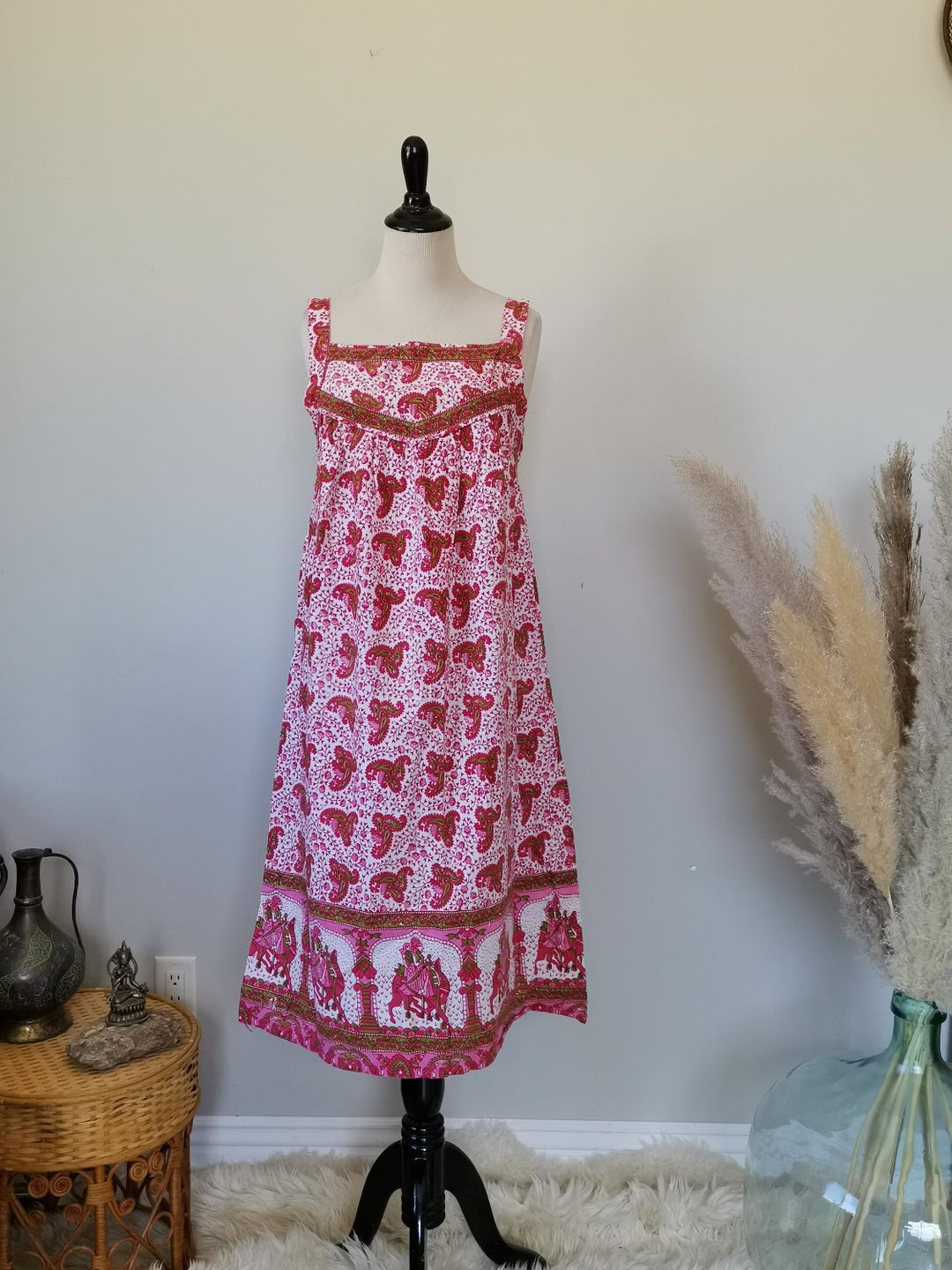 80's India Boho Raspberry Pink Floral/ Camel/ Paisley Hand Block Print ...