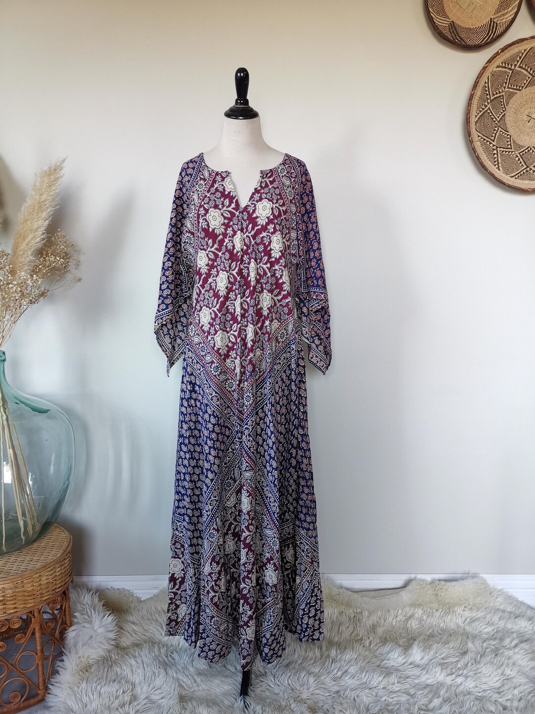 FAB 60's 70's India Gypsy Goddess Burgundy //blue//tan Floral Paisley ...
