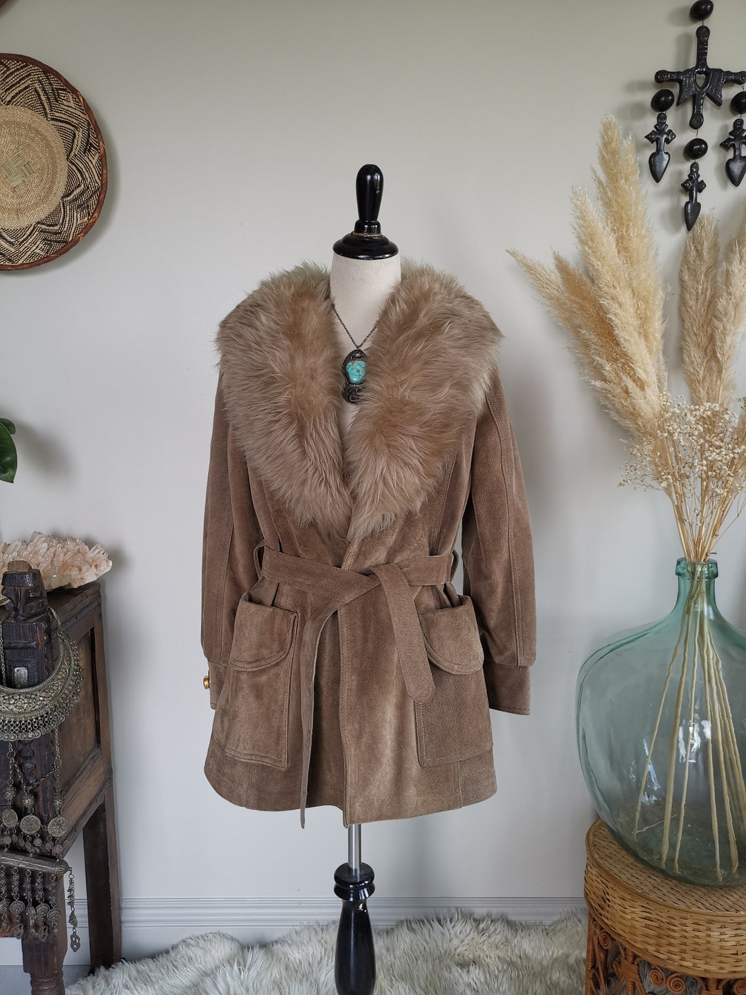 70's Glam Massive Lamb Fur Collar Light Brown Suede Belted/wrap Trimmed ...