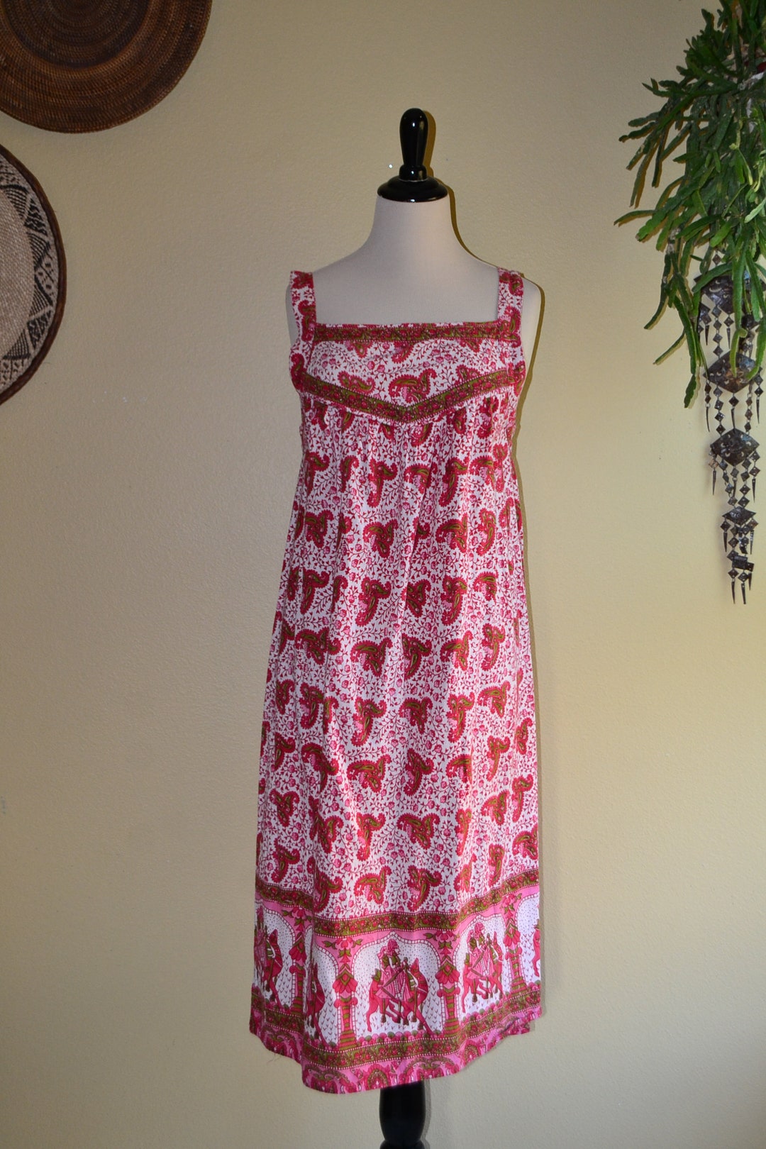70's/80's India Boho Raspberry Pink Floral/ Camel/ Paisley Hand Block ...