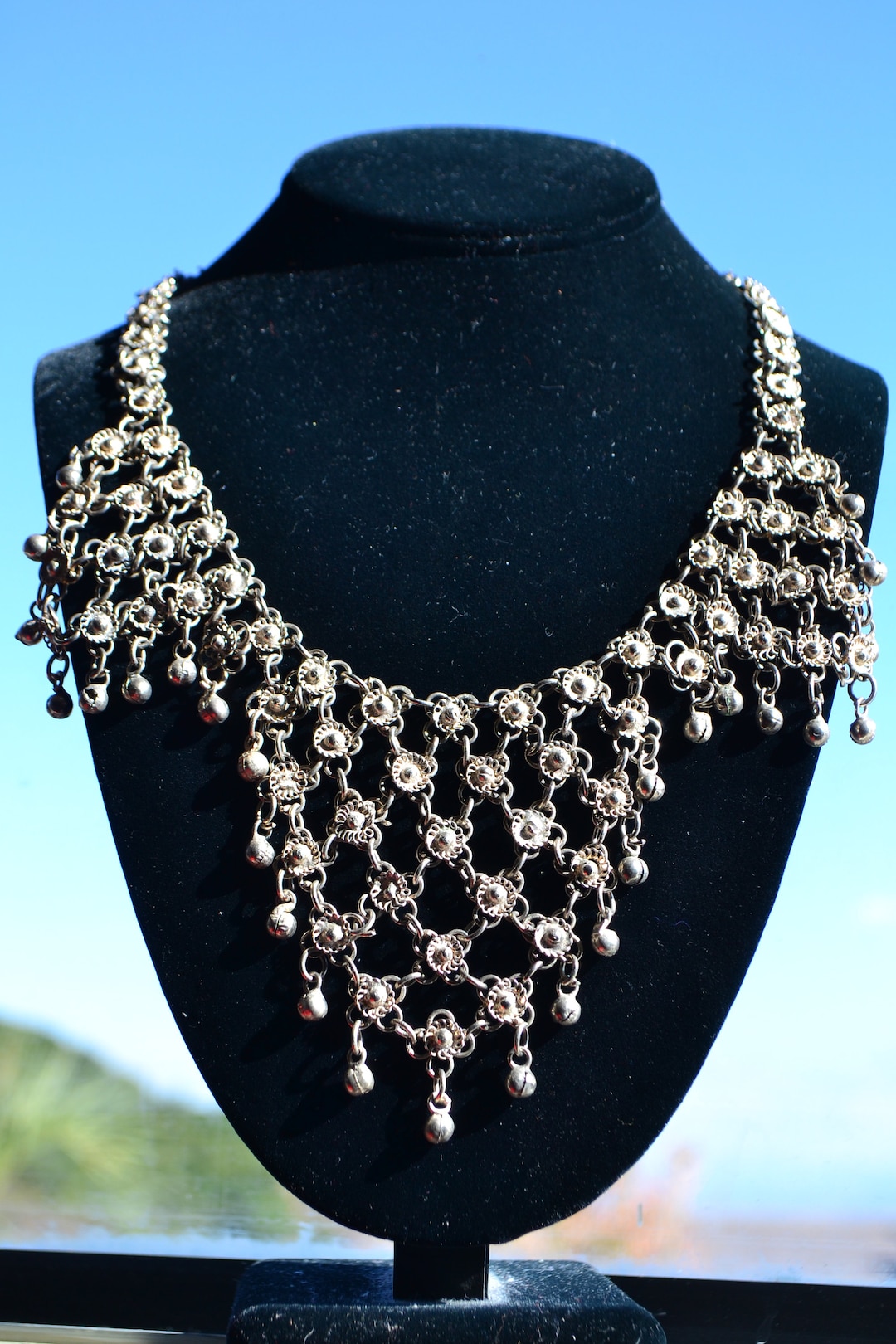 80's India Belly Dance Gypsy Floral Dangle Bells Antique Silver Tone ...