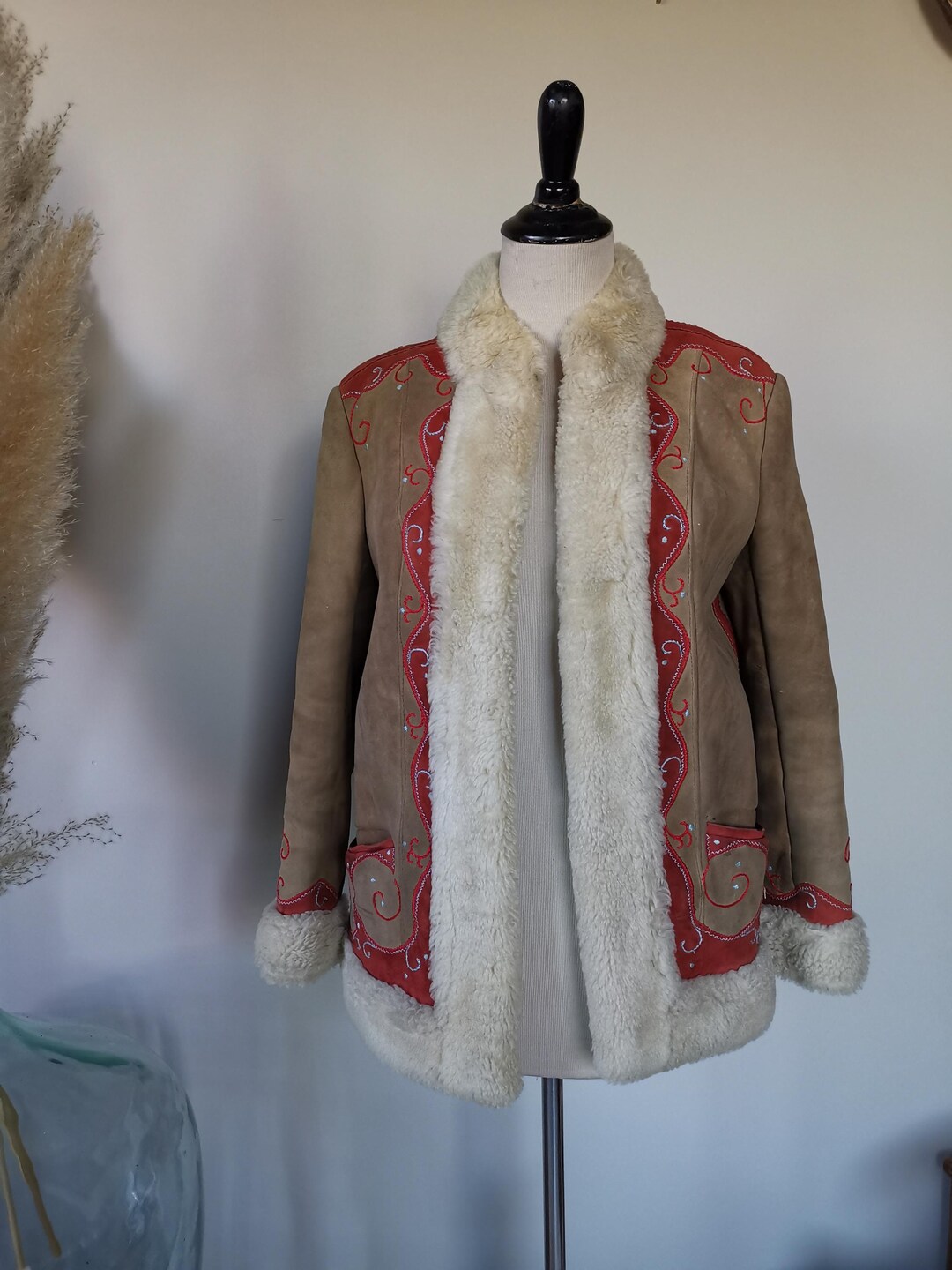 60's 70's Polish Genuine Shearling/suede and Lamb Fur Trim Red/camel ...