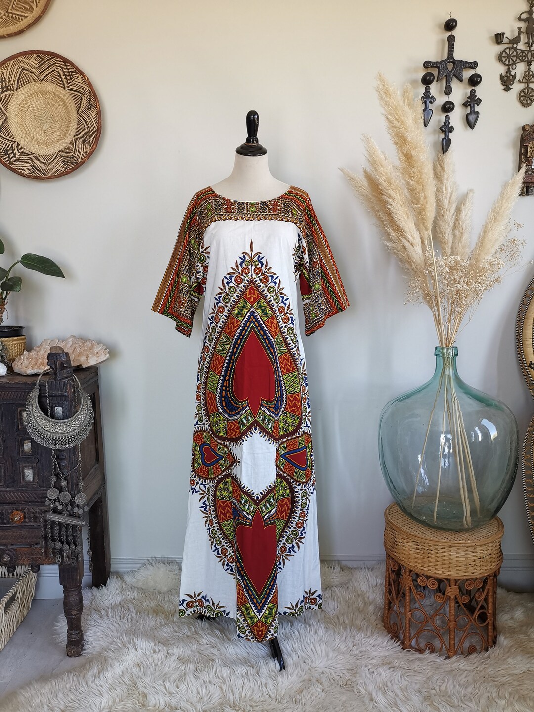 70's Boho Dashiki Multi-color Bold Hearts/mandala Print/cream Cotton ...