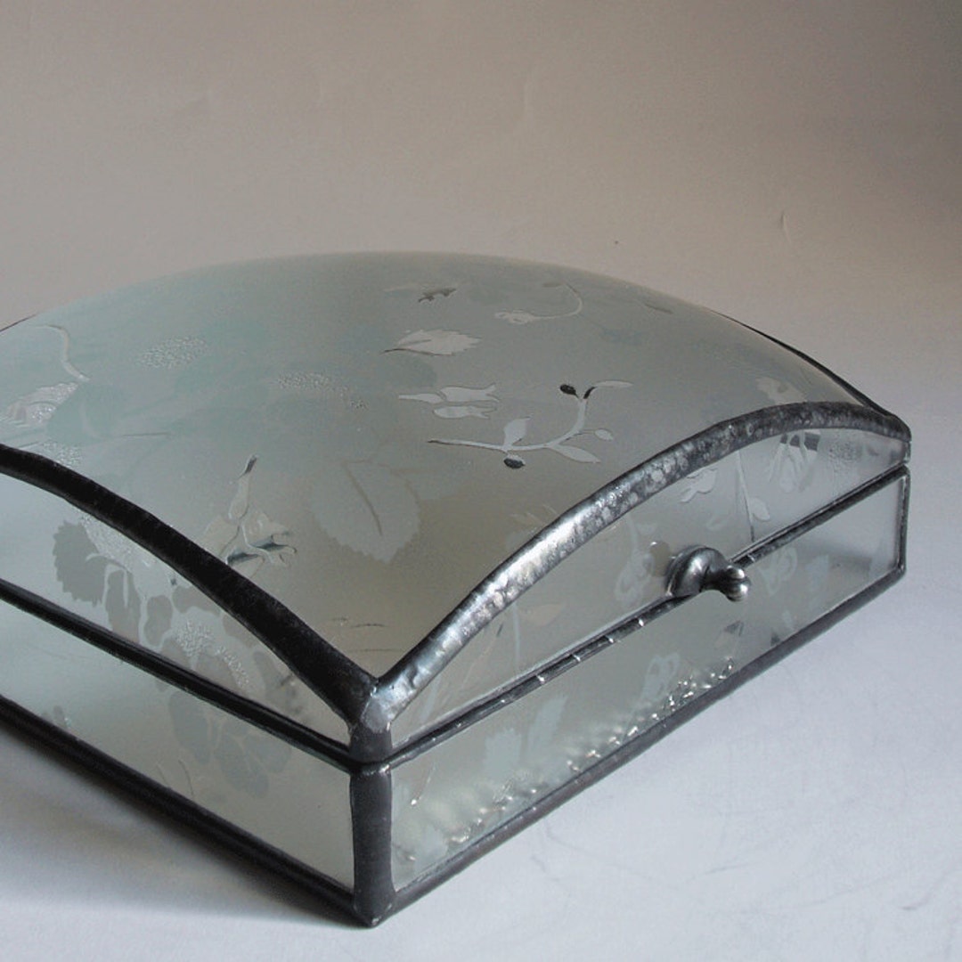 Stained Glass Jewelry Box - Etched Floral Glass Pattern - Medium Square ...