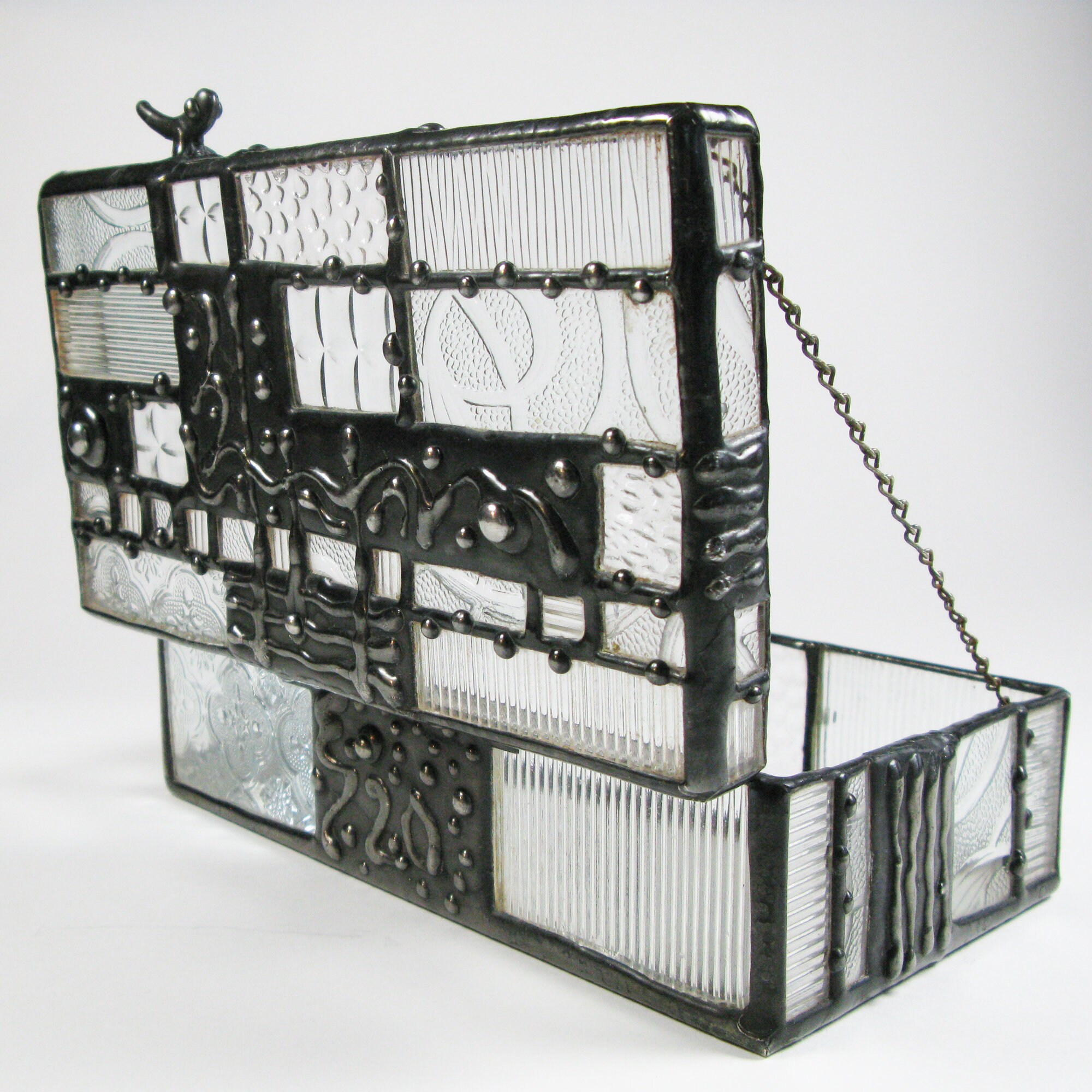 Stained Glass Jewelry Box Patchwork of Clear Pattern Glass One-of-a ...