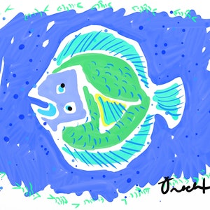 Funky Flounder Art Print by Kelly Tracht Blue Fish Giclee Print, Ocean ...