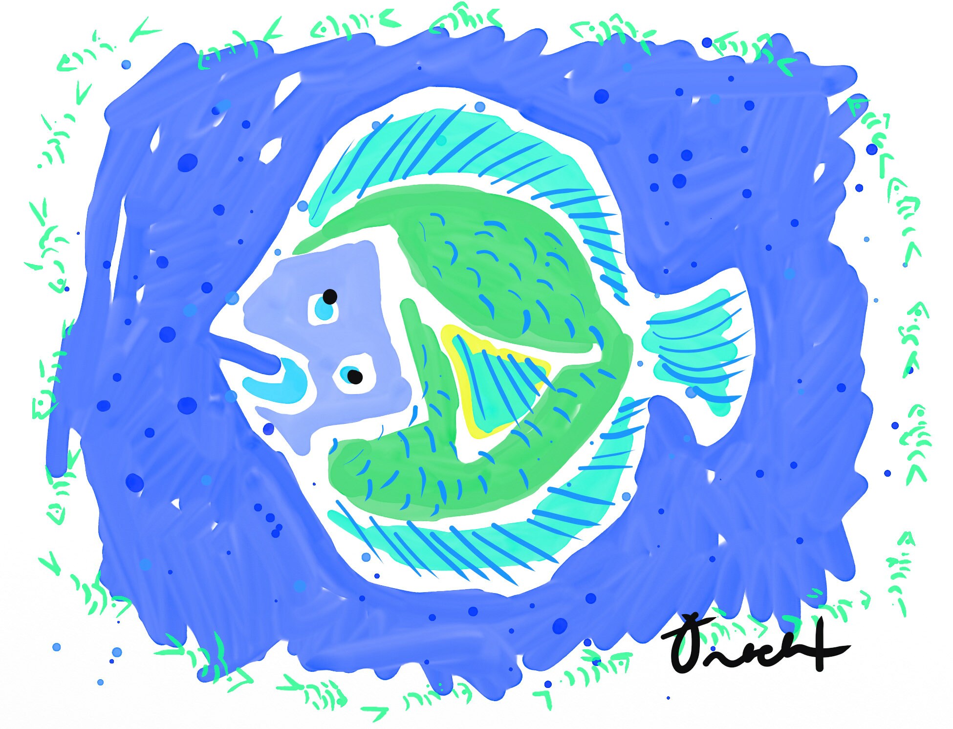 Funky Flounder Art Print by Kelly Tracht Blue Fish Giclee Print, Ocean ...