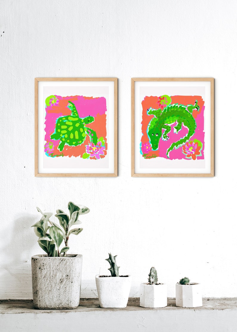 Pink and Green Preppy Turtle Square Print by Kelly Tracht - Etsy