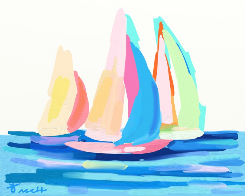 Colorful Sailboats with Blue Water Painting by artist Kelly | Etsy